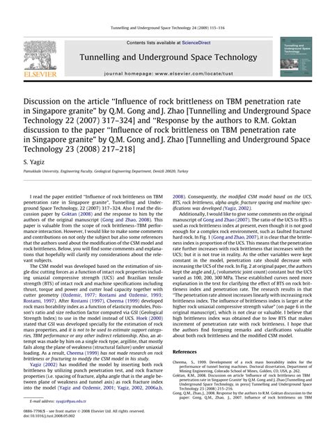 Pdf Discussion On The Article “influence Of Rock Brittleness On Tbm Penetration Rate In