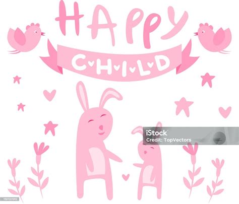 행복 한 아이 분홍색 색깔에 있는 작은 토끼를 가진 귀여운 아이 포스터 템플릿은 초대장 카드 포스터 기치 벡터 일러스트 레이 션을 위해 사용 될 수 있습니다 귀여운에 대한