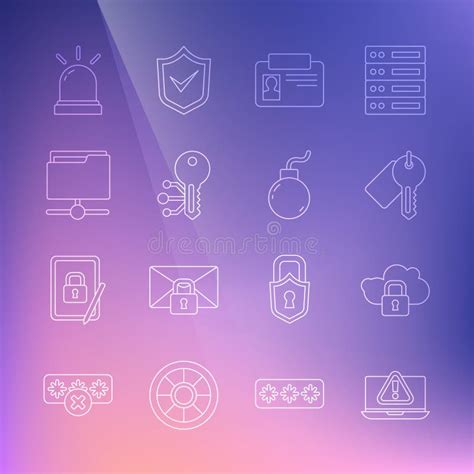 Set Line Laptop With Exclamation Mark Cloud Computing Lock Marked Key Identification Badge