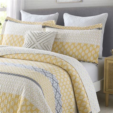 Pangushan 100 Cotton Quilt Yellowgray 3 Piece Floral Queen Bedding