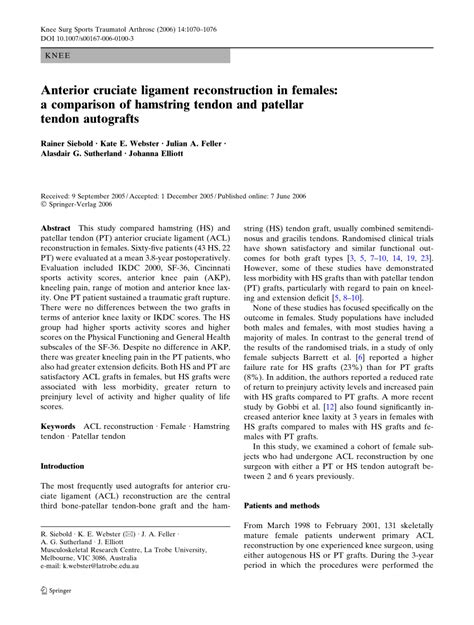 Pdf Anterior Cruciate Ligament Reconstruction In Females A Comparison Of Hamstring Tendon And