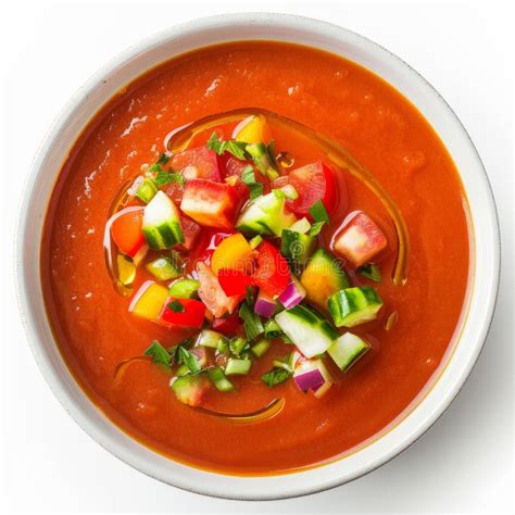 A Serving Of Spanish Gazpacho A Chilled Tomato Based Soup Garnished