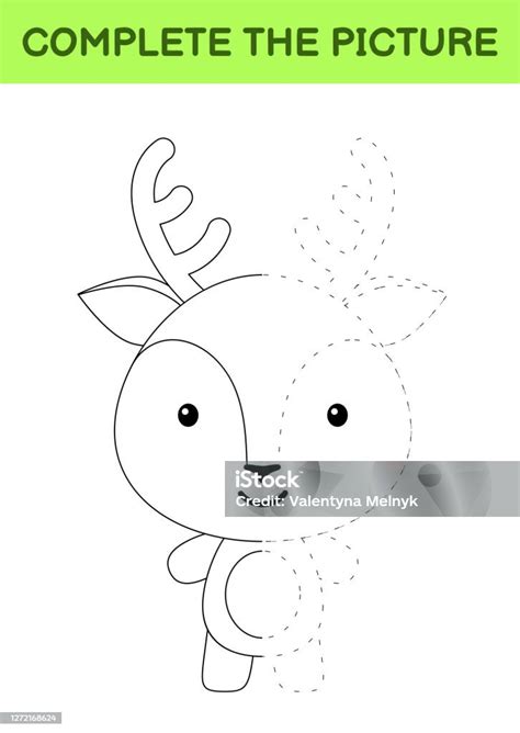 귀여운 사슴의 사진을 완료합니다 색칠 공부 그림을 복사합니다 필기 연습 그리기 기술 훈련 인쇄 가능한 워크시트 를 개발하는 교육 활동 페이지입니다 만화 벡터 일러스트레이션