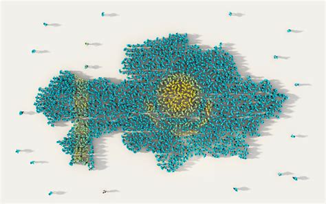흰색 바탕에 소셜 미디어 및 통신 개념에서 카자흐스탄 지도 및 국기를 형성 하는 사람들의 큰 그룹 위에서 군중 그림의 3d 기호 함께 모여 3차원 형태에 대한 스톡 사진 및