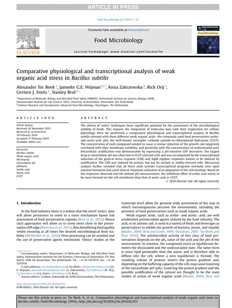 Pdf Comparative Physiological And Transcriptional Analysis Of Weak Organic Acid Stress In