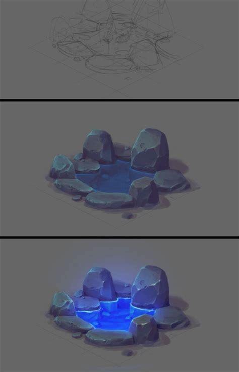 two different views of rocks and water in the same area one with blue light