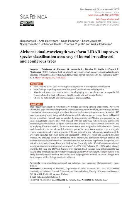 Pdf Airborne Dual Wavelength Waveform Lidar Improves Species
