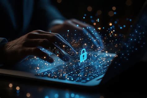 Secure Online Data Protection Hands Typing Password Laptop Keyboard Digital Lock Background