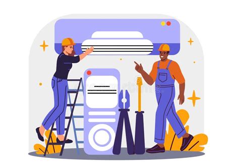 Hvac Technicians Servicing Air Unit Vector Illustration Stock Vector