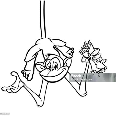 만화 재미있는 원숭이 침팬지가 나뭇가지에 거꾸로 매달려 있다 색칠하기 책에 대 한 행복 한 원숭이 캐릭터의 벡터 그림입니다