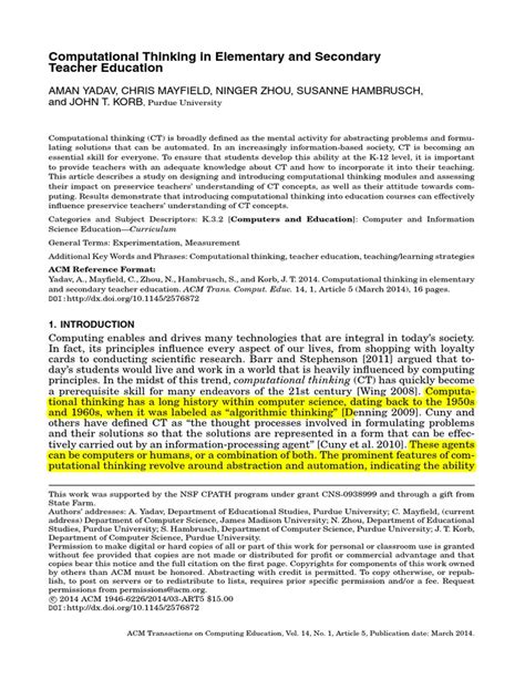 yadav computational thinking in elementary and secondary teacher education pdf survey