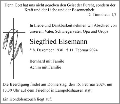 Traueranzeigen Von Siegfried Eisemann Trauerundgedenken De