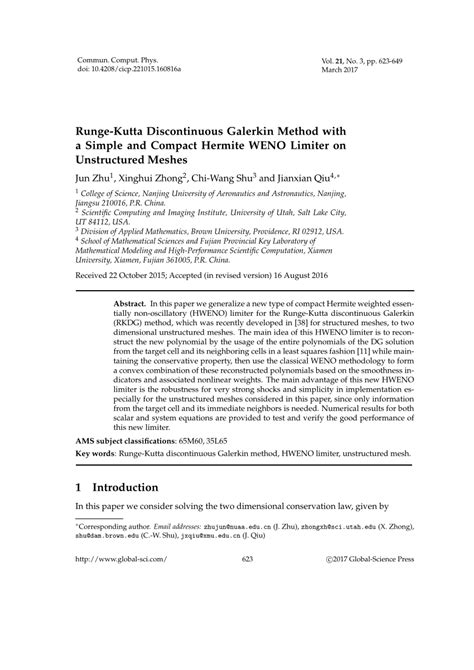 Pdf Runge Kutta Discontinuous Galerkin Method With A Simple And