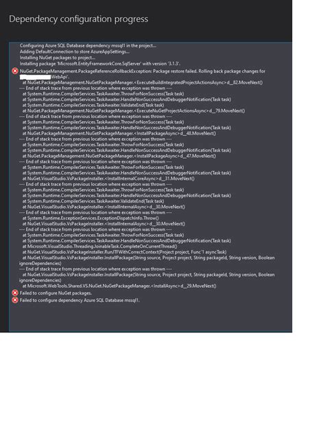 azure app service installing database dependency throws the error