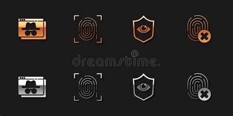 Set Browser Incognito Window Fingerprint Shield And Eye And Cancelled Fingerprint Icon Vector