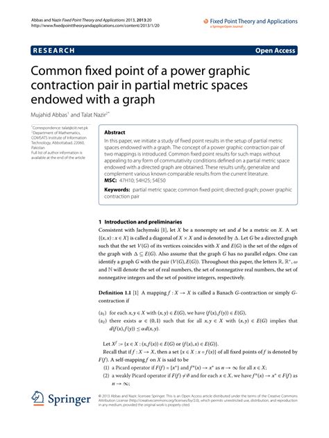 Pdf Common Fixed Point Of A Power Graphic Contraction Pair In Partial Metric Spaces Endowed