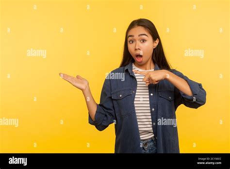 Wow Crazy Product Advertise Portrait Of Amazed Girl In Denim Shirt