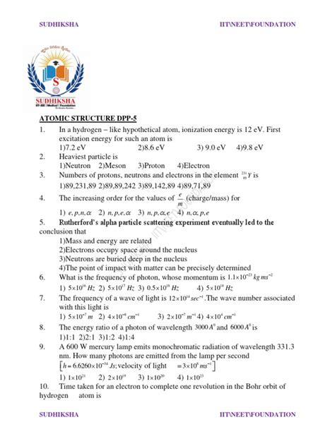 Atomic Structure Assignment 5 Pdf Atoms Electronvolt