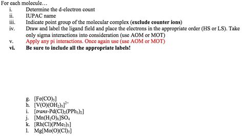 Solved For Each Molecule Determine The D Electron Count Chegg Com