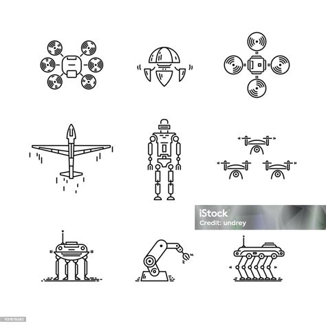 첨단 기술의 선 아이콘 세트입니다 인공 지능 로봇 quadcopter 무인 항공기 비행기 및 조작 과학에 대한 스톡 벡터 아트