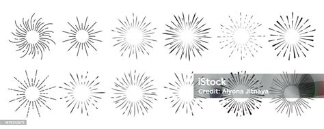 불꽃 놀이 광선 햇살 프레임 원형 테두리 장식 낙서 스타일의 반짝임 흰색 배경에 고립 된 라인 스케치 폭발을 설정합니다 벡터
