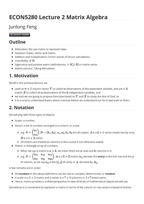 Lecture 2 Matrix Algebra ECON5280 Lecture 2 Matrix Algebra Junlong