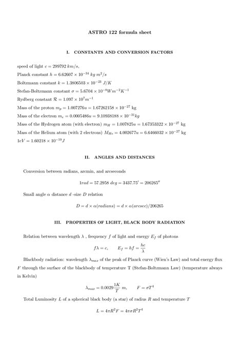 Complete Astronomy Formulas Cheat Sheet Cheat Sheet Astronomy Docsity