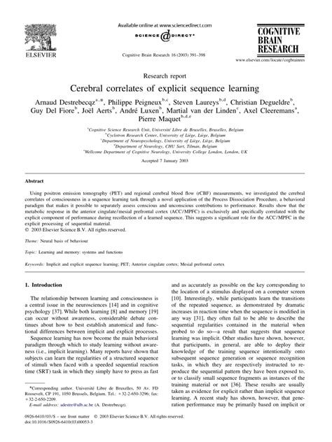 Pdf Cerebral Correlates Of Explicit Sequence Learning