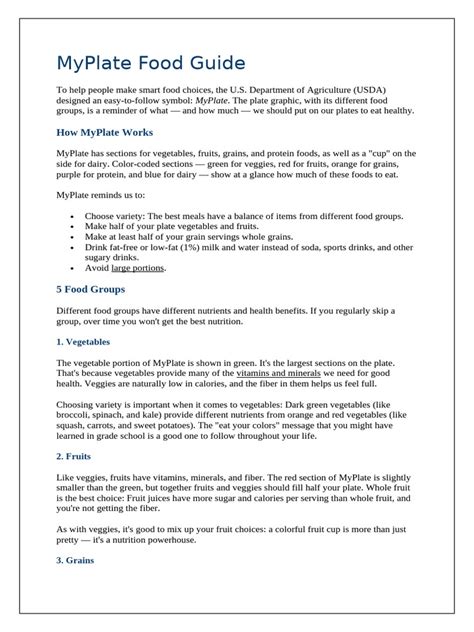 Myplate Food Guide Pdf Foods Vegetables