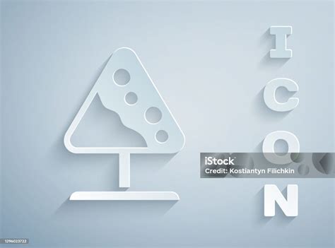 회색 배경에서 격리된 도로 표지판 눈사태 아이콘을 잘라냅니다 경사진 표면 아래로 눈의 눈보라 또는 눈 미끄러짐 빠른 흐름 종이 아트 스타일 벡터 3차원 형태에 대한 스톡