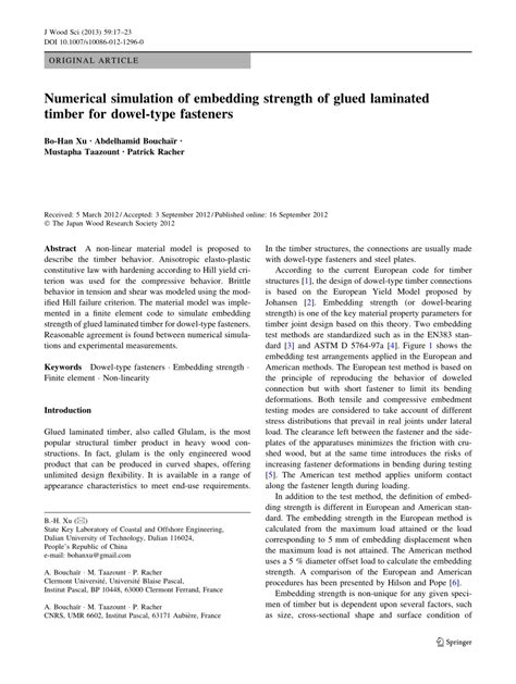 Pdf Numerical Simulation Of Embedding Strength Of Glued Laminated