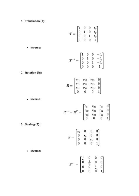 Transformation Matrix Cheatsheet 1 1 Cs3241 1 Translation T 0 1 Inverse 1 0 0 The 1 2 Transformation Matrix Cheatsheet 1 1 Cs3241 1 Translation T 0 1 Inverse 1 0 0 The 1 2