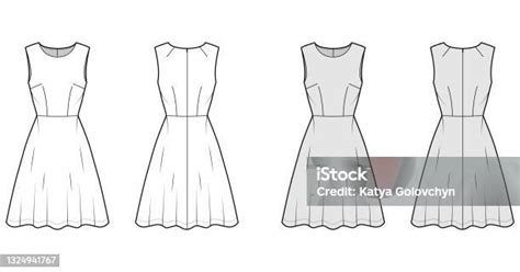 드레스 플레어 스케이터 기술 패션 일러스트와 민소매 몸에 장착 무릎 길이 반 원형 스커트 플랫 0명에 대한 스톡 벡터 아트 및 기타 이미지 Istock