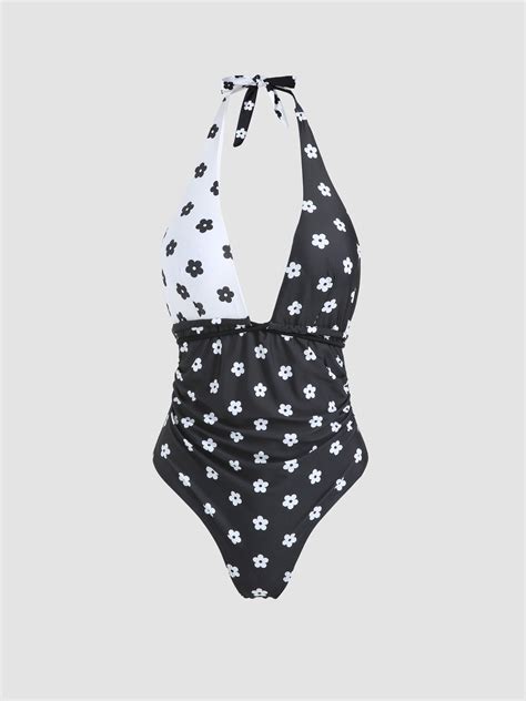 Floral Halter Neckline One Piece Swimsuit