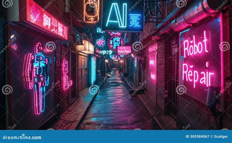 Neon Street In Cyberpunk City At Night Shop Signs Ai And Robot Repair