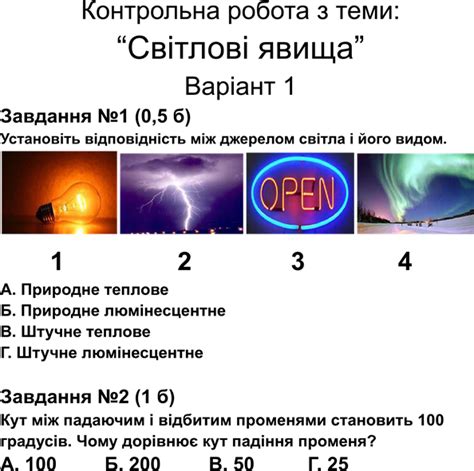 Контрольна робота з теми Світлові явища 9 клас