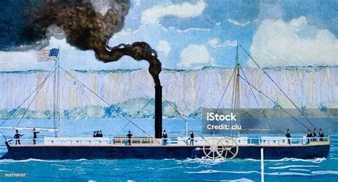 상업적으로 성공한 최초의 증기선 클레르몽 뉴욕에서 올버니까지 처녀 항해 로버트 풀턴이 건조 1807년 클레르몽 인디애나에 대한 스톡 벡터 아트 및 기타 이미지 Istock