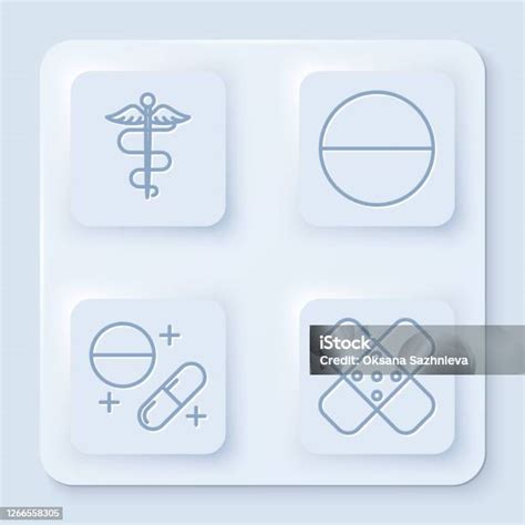 세트 라인 Caduceus 뱀 의료 기호 약 알 약 또는 태블릿 약 알 약 또는 태블릿 및 교차 붕대 석고 흰색 정사각형 버튼 벡터 0명에 대한 스톡 벡터 아트 및 기타