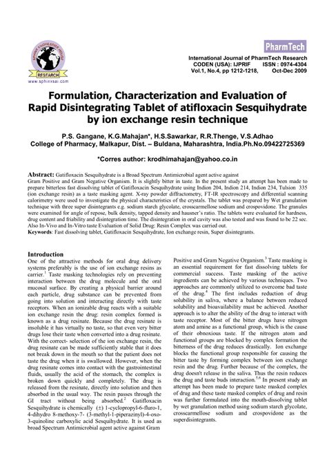 Pdf Formulation Characterization And Evaluation Of Rapid Disintegrating Tablet Of Atifloxacin