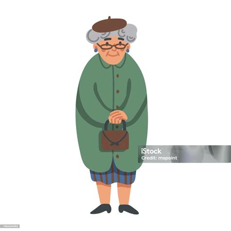 노인 여성 작은 손 가방을 들고 웃는 할머니 흰색 배경에 고립 된 녹색 코트를 입고 안경에 재미 있은 할머니 평면 스타일 벡터 일러스트입니다 갈색에 대한 스톡 벡터 아트 및
