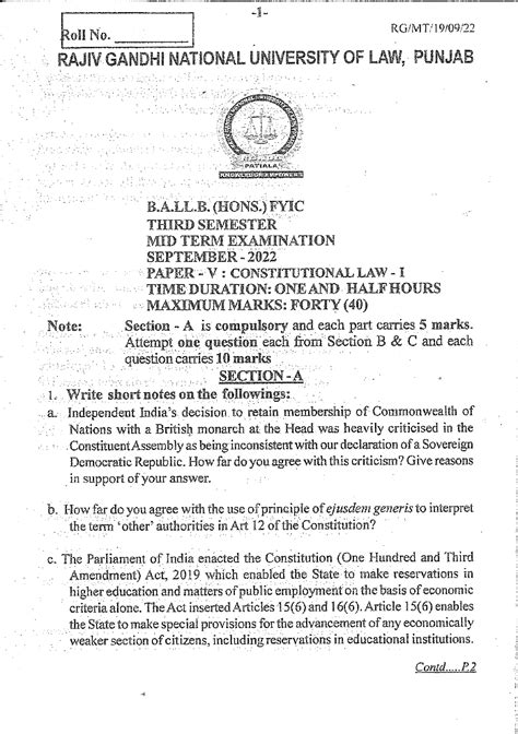 Mid Sem Qp Last Year Mid Semester Question Papers Rgnul Ballb