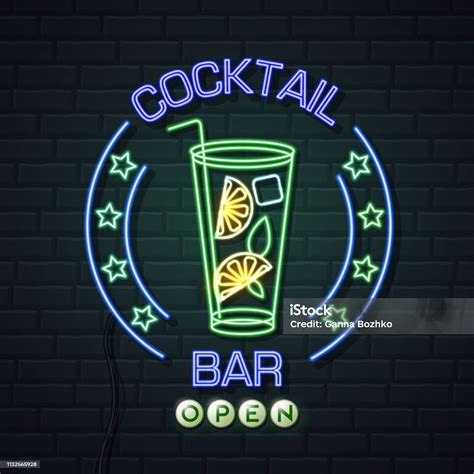 벽돌 벽 배경에 네온 사인 칵테일 바 빈티지 전기 간판입니다 0명에 대한 스톡 벡터 아트 및 기타 이미지 0명 검은색