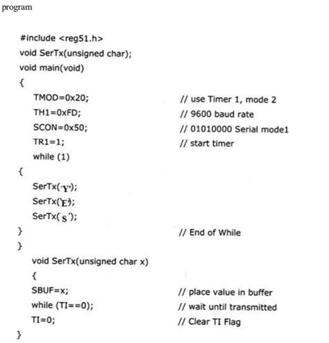 write 89c51 c program to transfer yes serially at baud rate 9600 continuously use 8 bit data and