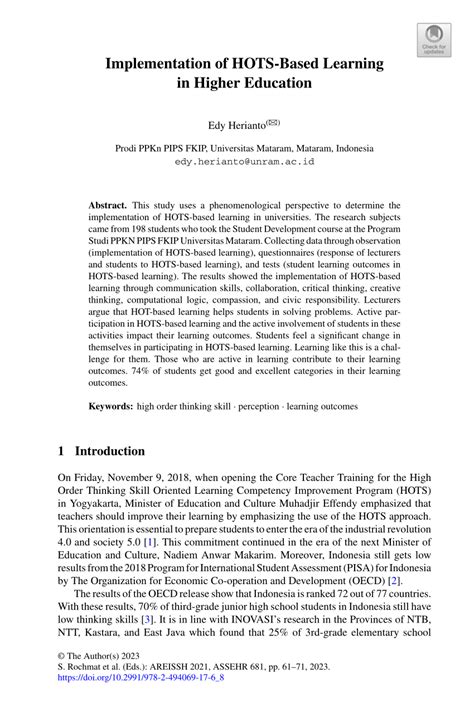 pdf implementation of hots based learning in higher education