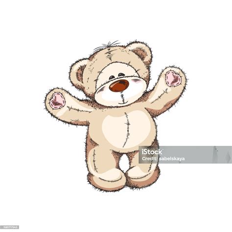 테디베어는 발을 들고 서 있고 컬러 스케치는 손으로 그린 스타일 벡터 일러스트레이션을 흰색 배경에 분리한다 테디 베어 만화 캐릭터 0명에 대한 스톡 벡터 아트 및 기타
