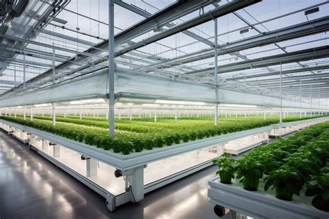 A Detailed Image Of An Advanced Greenhouse With Automated Systems Space For Text Stock