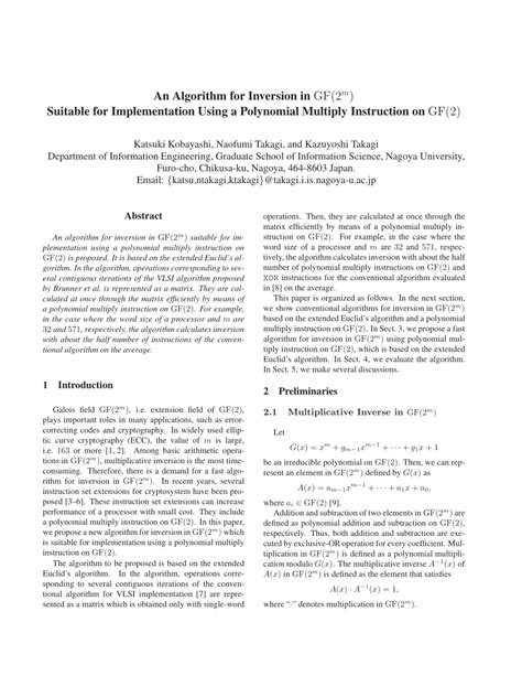 pdf an algorithm for inversion in gf 2 m suitable for implementation