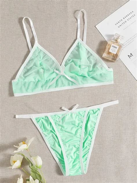 Plus Size Contrast Mesh Floral Print Sexy Lingerie Set Womens Plus Slight Stretch Bow Front Sexy