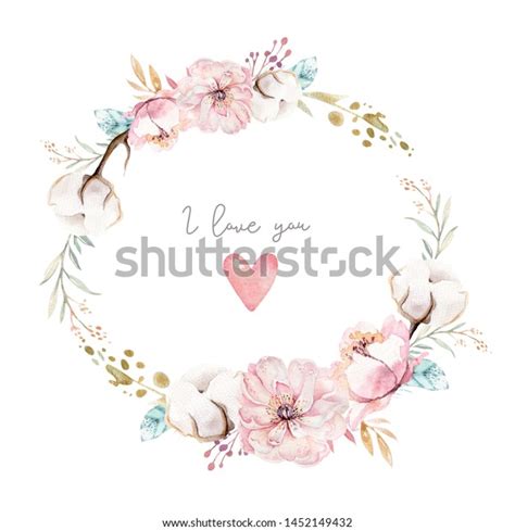 수채꽃 화환입니다보헤미안흰색 배경에 격리된 나뭇잎 깃털 스톡 일러스트 1452149432 Shutterstock