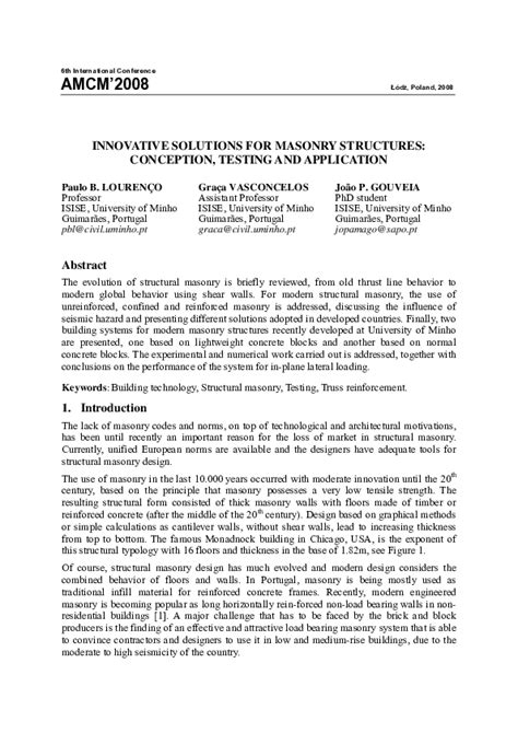 Pdf Innovative Solutions For Masonry Structures Conception Testing